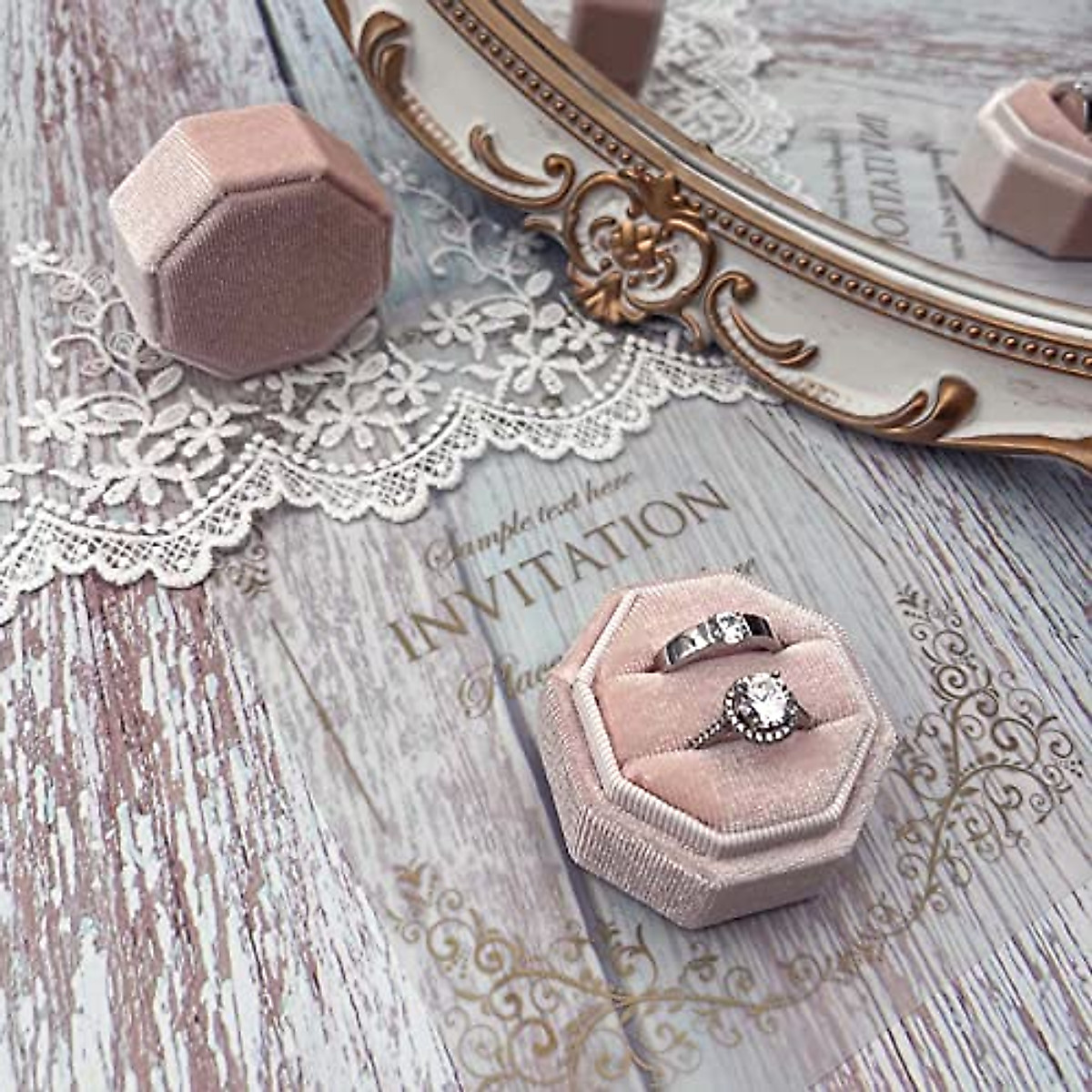 Beatilog Velvet Ring Box - Octagon Premium Vintage Wedding Ring Holder Handmade Double Ring Bearer Jewelry Display Organizer for Proposal, Engagement, Ceremony, Christmas, Photography (Light Pink)