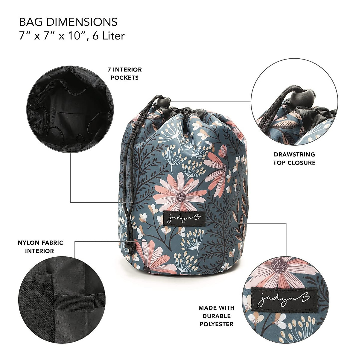 Jadyn Durable Cinch Top Makeup Organizer - Compact Travel Makeup Bag - 7 Interior Pockets for Cosmetics - Drawstring Toiletry Travel Bag for Women - 6L Storage Capacity - (Navy Floral)