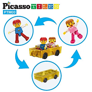 PicassoTiles Mini Magnetic Tiles Expansion Car Truck and Figures Play Set, Kids Building Magnet Bricks STEM & Learning Toys, Magnetic Add-ons, Car Toys, Toddler Preschool 3 years and up boys and girls