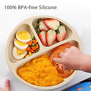 VITEVER Suction Plate with Lid for Toddler, Baby & Kid, 100% Food-Grade Silicone, Divided Design, Microwave & Dishwasher Safe - Shifting Sand