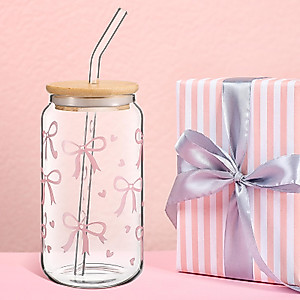 Hoolerry Coquette Bow Aesthetic Cup, 16 oz Dainty Pink Glass Cup with Lid and Straw, Vintage Bows Coquette Inspired Aesthetic Cup for Women Christmas Birthday gift