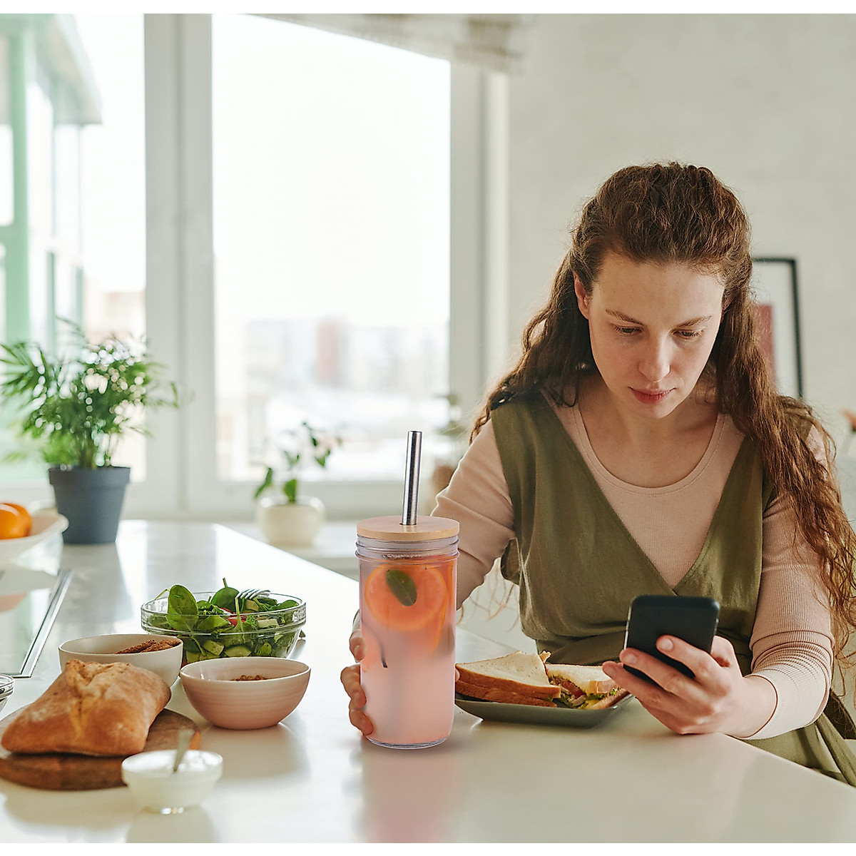 [Pack of 4] Mason Jar Glass Cups With Lids And Straws 24 Oz, Smoothie Boba cup With Bamboo Lids, Reusable Glass Iced Coffee Cups, Wide Mouth Bubble Tea Cup, Leak Proof Glass tumbler Drinking