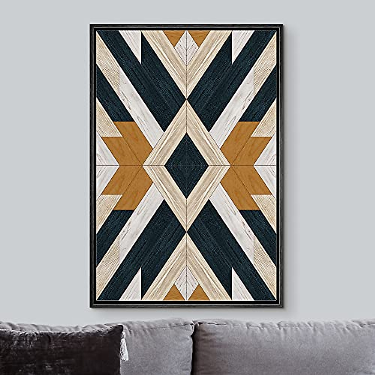 IDEA4WALL Framed Canvas Print Wall Art Western Decor Black, White & Brown Diamond Insignia Abstract Shapes Wood Panels Modern Art Bohemian 3D Ultra for Living Room, Bedroom, Office - 16"x24" Black