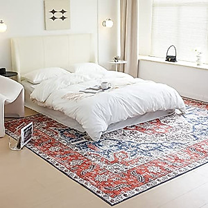 VK Living Washable Rug, 9'x12' Stain Resistant Washable Rug,Machine Washable Rug with Non-Slip,Vintage Bohemian Area Rug for Living Room Bedroom Dining Home Office Area Rug (Red, 9'x12')