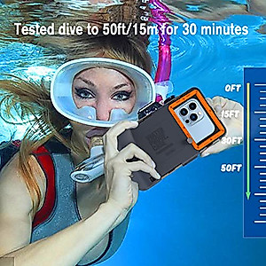 Universal Diving Underwater Case for Photo iPhone 14/13/12 Case Samsung Galaxy S22/S21, 50ft/15m Waterproof Swimming Snorkeling Protective Housing Orange