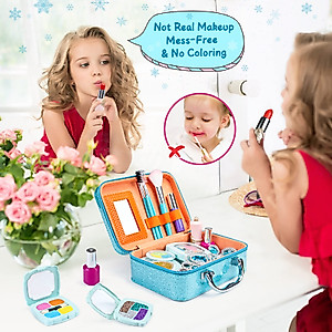 KIDCHEER Kids Makeup Kit for Girls Pretend Play Make up Gift Princess Toys for Kids with Storage Bag,Blue