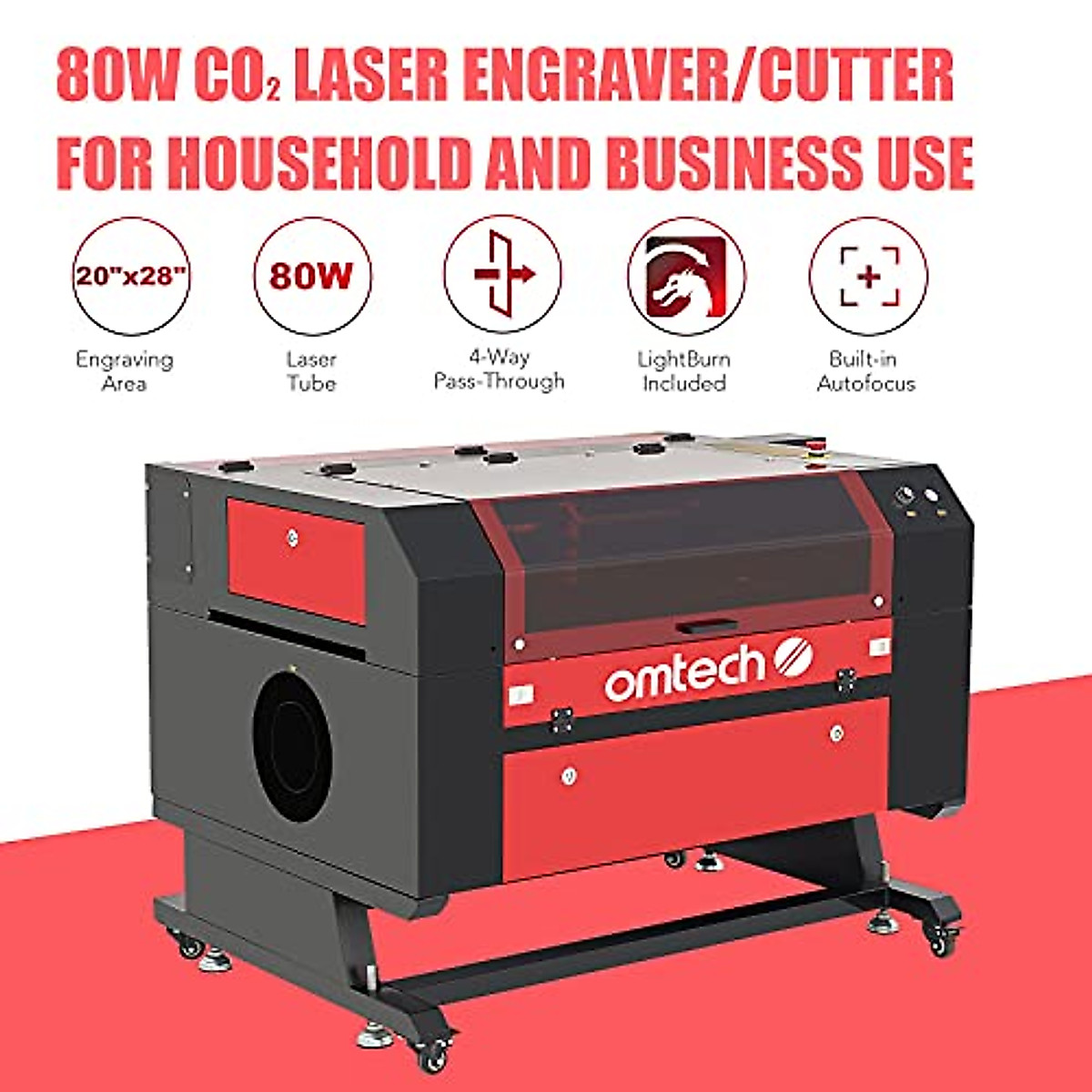OMTech 80W CO2 Laser Engraver, 80W Laser Cutter and Engraver Machine, 20x28 Laser Cutting and Engraving Machine with Red Dot Pointer Autolift Autofocus Air Assist and LightBurn for Wood Acrylic More