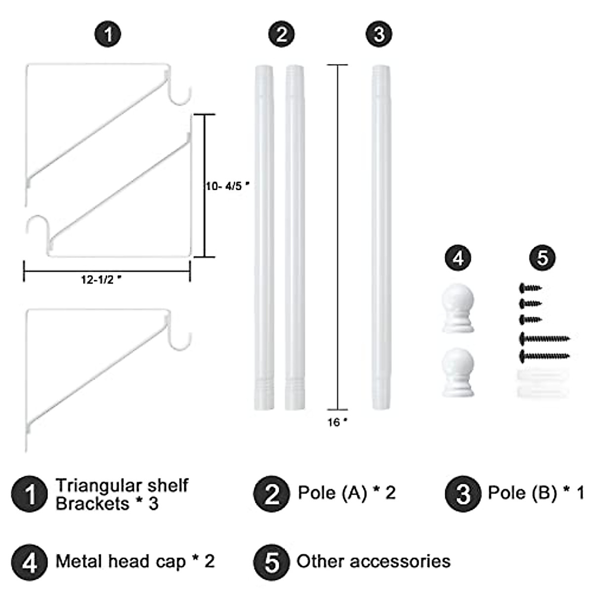 Closet Rod Brackets Heavy Duty with 48” Rod, Closet Shelf Brackets with Rod Holder, Closet Brackets for Both Shelf Storage and Closet Rod, White Closet Shelf Support Pole Holder, 3 Pack