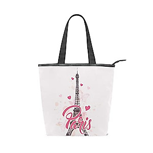 Vnurnrn Canvas Tote Bag with Zipper Light Large Capacity,Paris Eiffel Tower Handbag Shopping Shoulder Bag for Outdoors