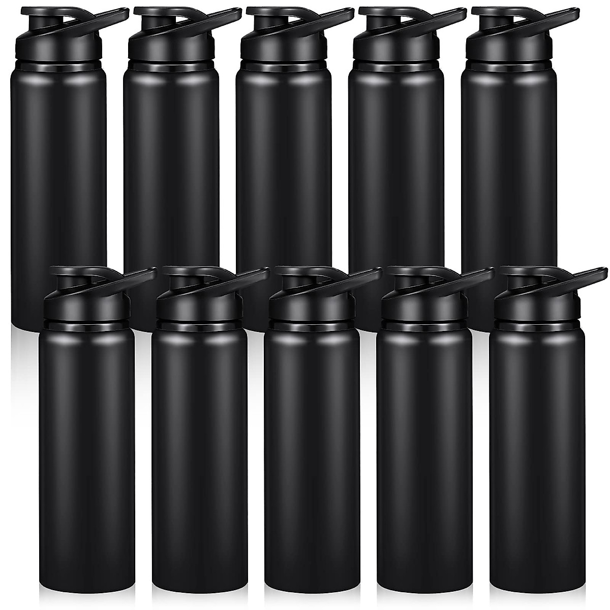 CHENGU 10 Pcs Aluminum Water Bottle 24oz Aluminum Reusable Bottles Lightweight Snap Lid Sports Water Multipack Easy Carry Leak Proof Travel for Gym Camping Hiking Outdoor Fishing (Black)