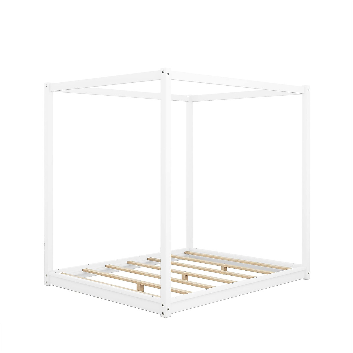 Bellemave 4-Poster Canopy Floor Bed Frame Queem Size Wood Low Profile Platform Beds with Wooden Slats Support, No Box Spring Needed, White, Queen