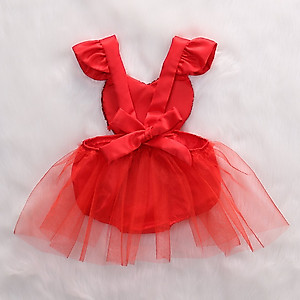 Newborn Baby Girls Valentine Romper Tutu Dress Fly Sleeve Heart Sequins Bodysuit Jumpsuit Summer Outfit 0-3Y (6-12M, Red)