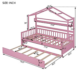 Harper & Bright Designs Wooden Twin Size House Bed with Trundle,Kids Bed with Shelf, White (Twin, Pink+Trundle1)