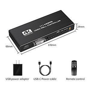 Video Wall Controller 2x2,HDMI 4K Video Wall Processor with RS232,180° Rotate Multiple TV Screens 1 Picture 8 Splicing Modes 1x1,2x2,1x2,1x3,1x4,2x1,3x1,4x1,4 TV Screens into 1 Wall Display