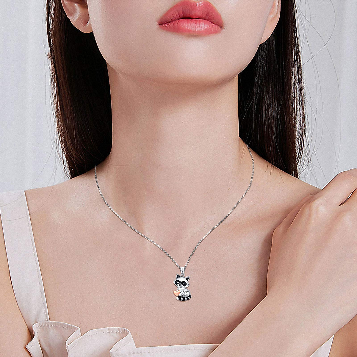 CHENGHONG Raccoon Necklace 925 Sterling Silver Cute Animal Necklace Heart Raccoon Pendant Necklace Raccoon Jewelry Gifts for Women Mom