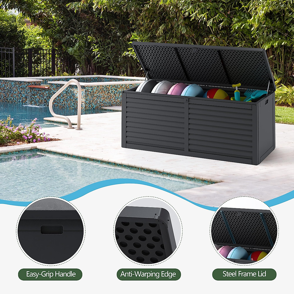 BTMWAY 130 Gallon Outdoor Storage Deck Box Water-proof Resin Cabinet for Patio Cusions,Garden Tools,Pool Supplies,Lockable Strong Bearing Lid,Slide Support Rod,Lightweight,Weather-resistant (Black)