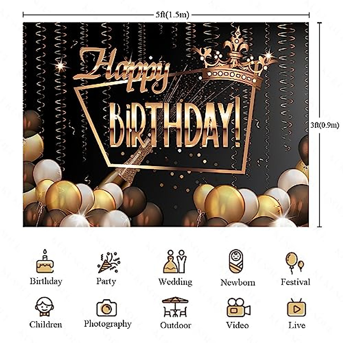 KUKUSOUL 5x3ft Black and Gold Backdrop Black Gold blloons Ribbon Happy Birthday Background for Girls Women Birthday Party Decorations Cake Table Banner Photo Booth Studio Props KUBYC397