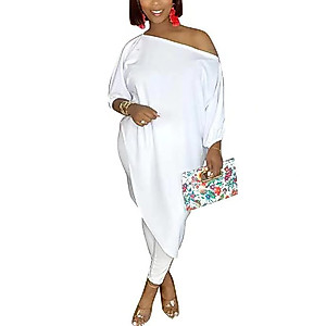 WOKANSE Women's Casual Off One Shoulder 2 Piece Jogger Sweatsuit Tracksuit Sets Loose Irregular Pullover Tops Long Pants White 2XL