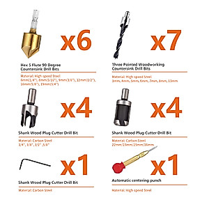 23-Pack Woodworking Chamfer Drilling Tool,5 Flute 90 Degree Countersink Drill Bits,Three Pointed Countersink Drill Bit with L-Wrench,Wood Plug Cutter Tool Drill Bits,Center Punch