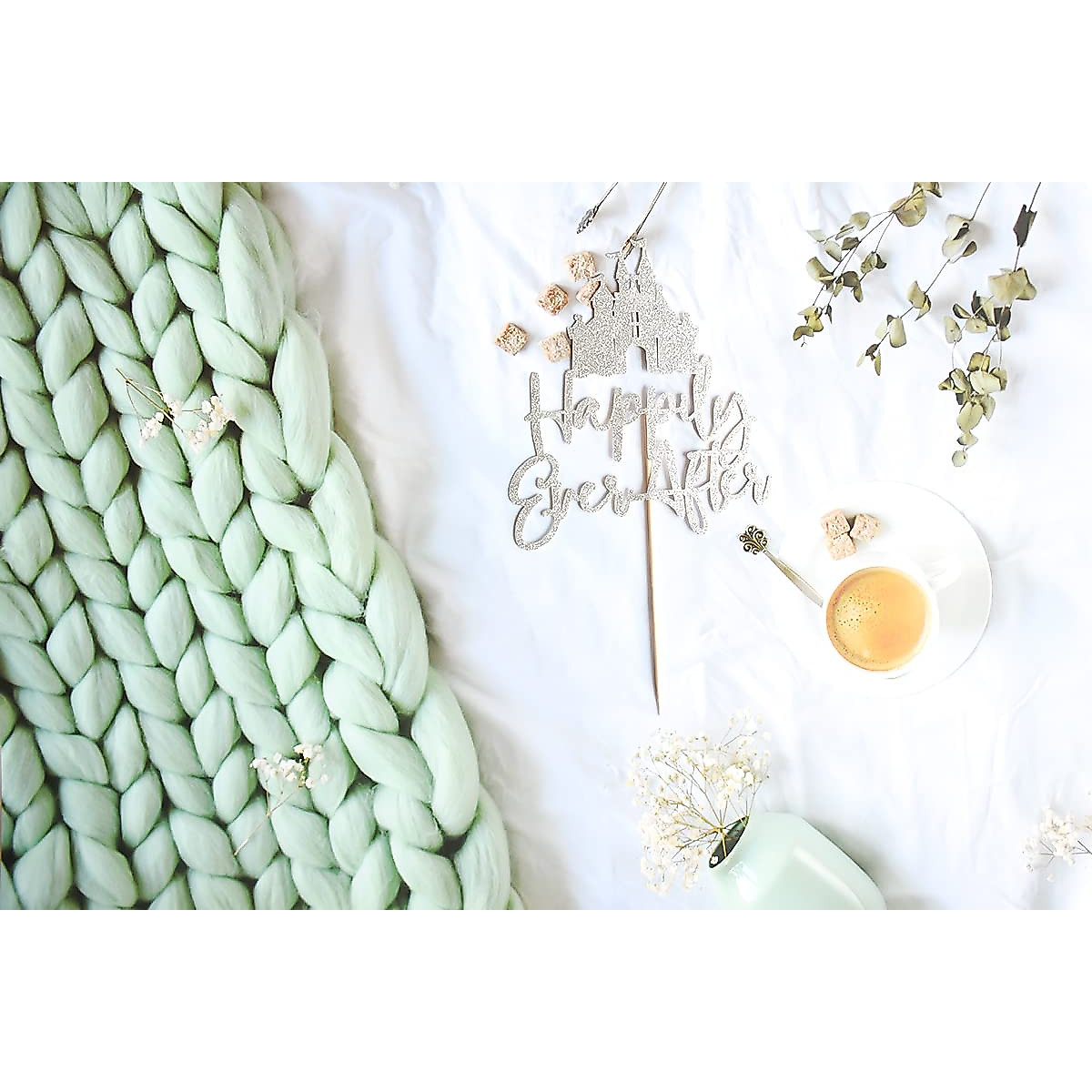 Happily Ever After with Castle Cake Topper Cinderella Castle Wedding Cake Decoor Engagement Bridal Shower Party Decorations Silver Glitter