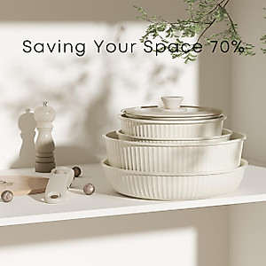 Caannasweis Detachable Nonstick Cookware Set - Stackable Induction Pots and Pans With Removable Handles, Dishwasher Safe - For RV Camping, Oven and Stovetop Use, 5 Pieces (Cream)