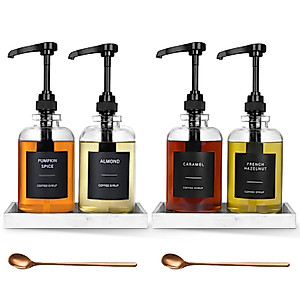 MUVEKA Coffee Syrup Dispenser for Coffee Bar, Glass Syrup Dispenser with Pump, Coffee Syrup Pump Dispenser Bottle with Tray, Spoon for Coffee Station, Coffee Bar Organizer, Black,16.9 oz, 500 ml