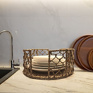 Seagrass Plate Caddy Carrier w Side Handles | Round Plate Holders for Buffets, Weddings, Parties, Dining Table - Cabinet Paper Plate Holders Reusable - By MadeTerra