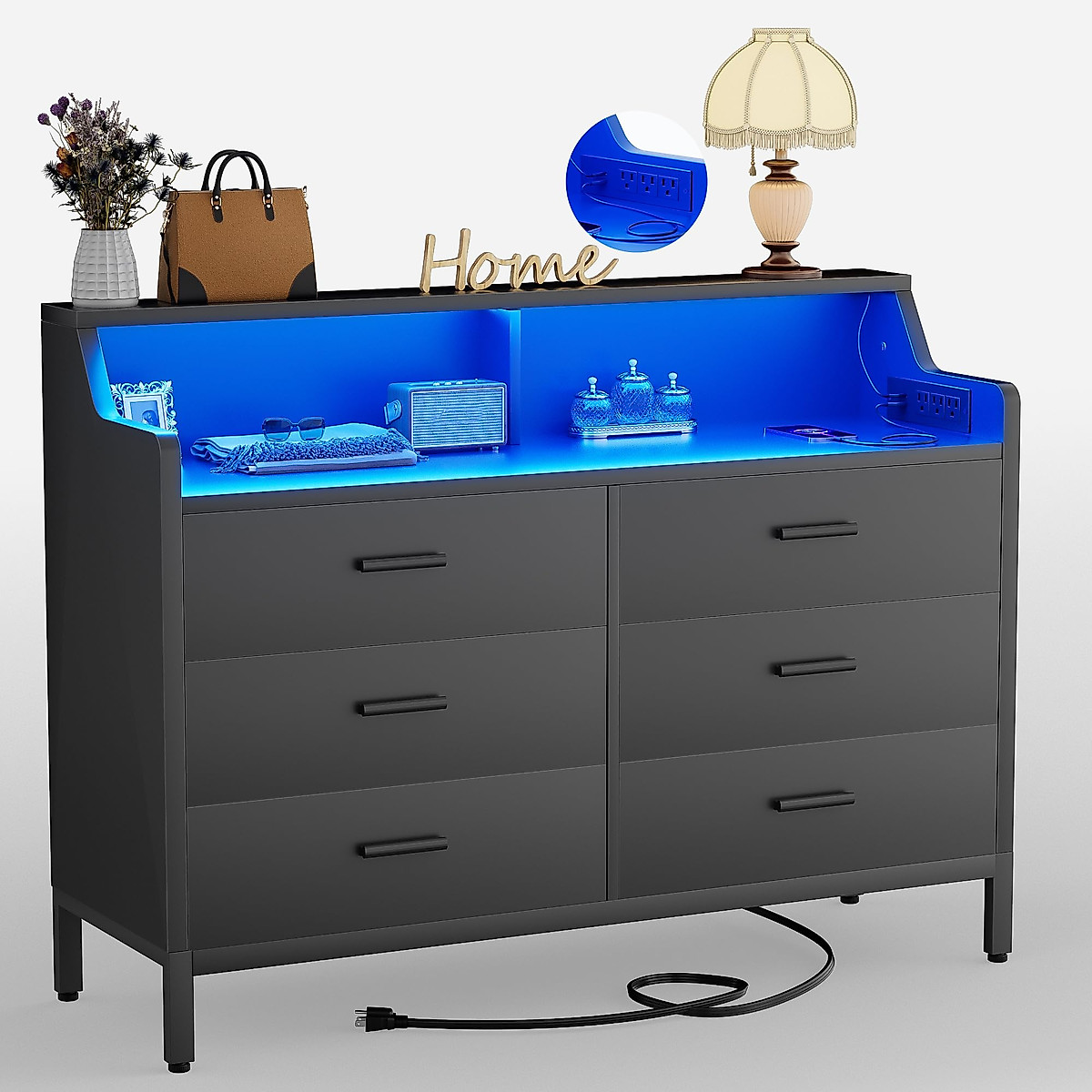 Hyomdeck 6 Drawer Dresser for Bedroom, Wooden Chest of Drawers with Power Outlets and Smart LED Light, Sturdy Modern Bedroom Furniture, Wide Storage Dresser for Living Room, Closet, Entryway, Black