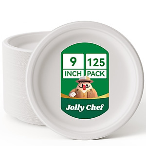 JOLLY CHEF Compostable Heavy Duty Plates 9 Inch [125 Pack] Eco-Friendly Disposable Natural Paper Plates Bagasse Biodegradable Bulk for Party Dinner Sugarcane Fibers Round 125 Count(White)