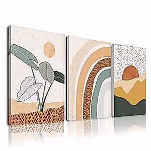 Boho Wall Art Set Of 3, Canvas Print Mid-Century Modern Wall Art Decor 12"x16" Framed Minimalist Sun Plant Geometric Abstract Neutral Boho Wall Decor for Bedroom, Bathroom, Living Room, Office