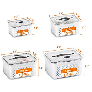 GSAFEME 4 PCS Large Fruit Containers for Fridge with Handle - Leakproof Food Storage Containers with Removable Colander for Salad Berry Lettuce Vegetables Meat Keeper