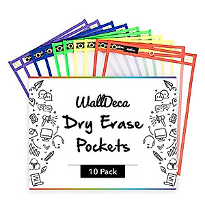 WallDeca Dry Erase Pocket Sleeves Assorted Colors, 8.5" x 11", Plastic Paper Holder Pack, Reusable Dry Erase Sleeves, Paper Pocket Folders Plastic, 5 Colors (10-Pack)