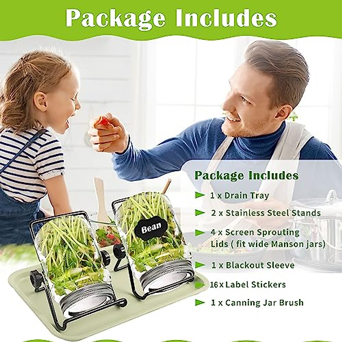 Sprouting Kit, Sprouts Growing Kit with 4 Screen Sprout Lids, 2 Stands, Tray, Blackout Sleeve, Stickers and Brush for Bean, Broccoli, Alfalfa Sprouts (No Manson Jar)
