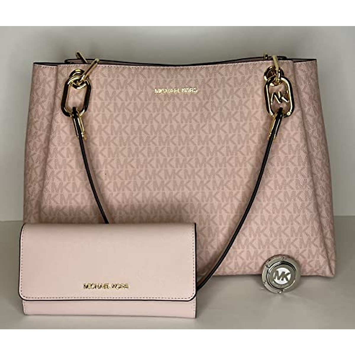 MICHAEL Michael Kors Trisha Large Triple Gusset Shoulder Tote bundled with Large Trifold Wallet and Michael Kors Purse Hook (Signature MK DK Powder Blush)