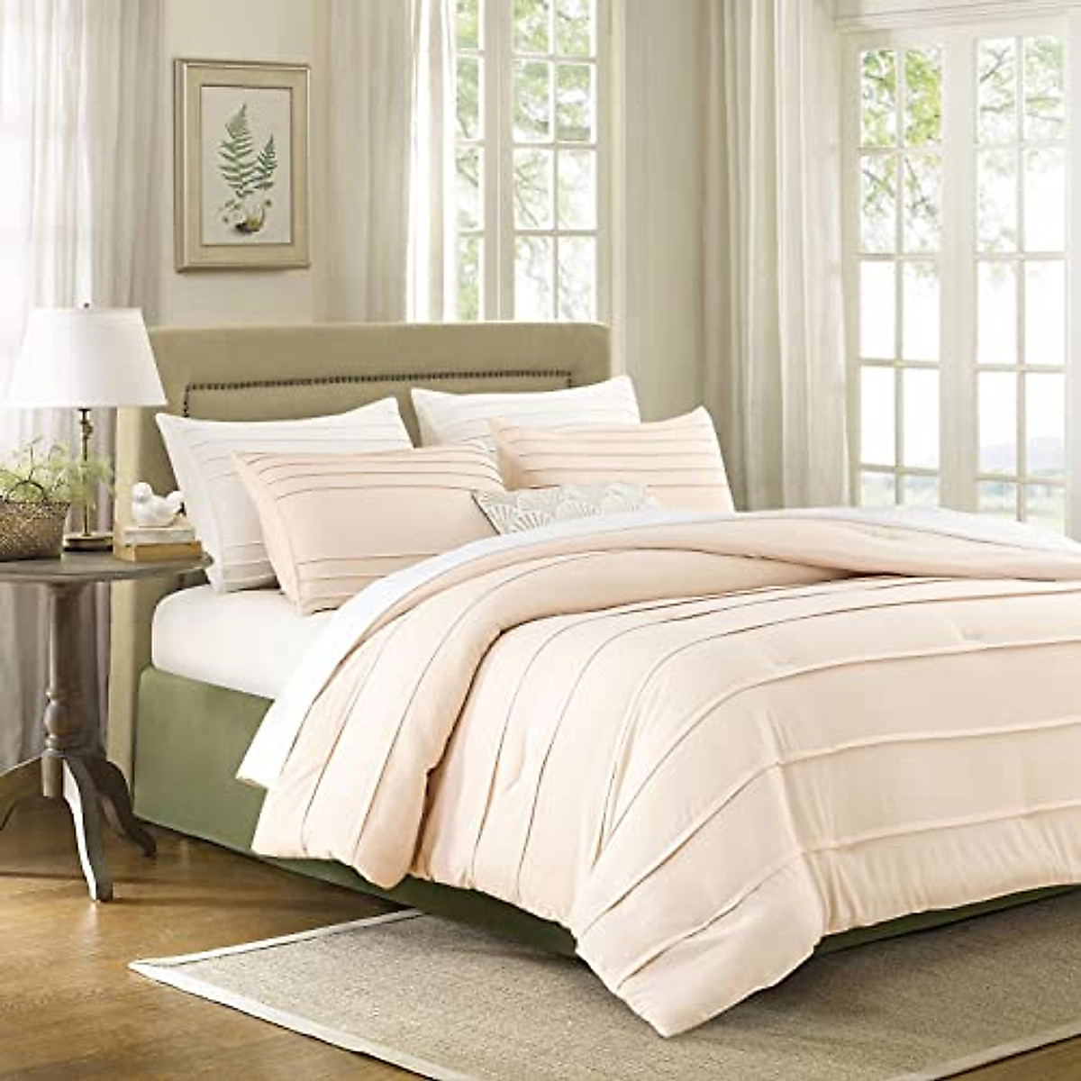 ALEISSEL Stripes Blush Beige Comforter Queen Size,Pleated Queen Comforter Set Lightweight, Ultra-Soft Beige Bedding Set Queen Size 3 Pcs, Down Alternative Comforter Set(Blush Beige,Full/Queen90 x90)