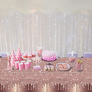 6pcs Pink Rose Gold Birthday Party Tablecloths Rose Gold Sequin Printed Plastic Table Cover Glitter Diamonds Happy Birthday Background for Girls Wedding Graduation Anniversary Indoor Outdoor（Plastic）