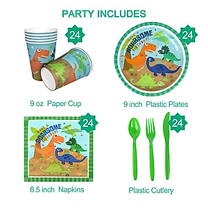 GOOCHOO 144 Pack Dinosaur Party Supplies Sets Severs 24 Person Including Plates Napkins Cups and Cutlery for Birthday Party