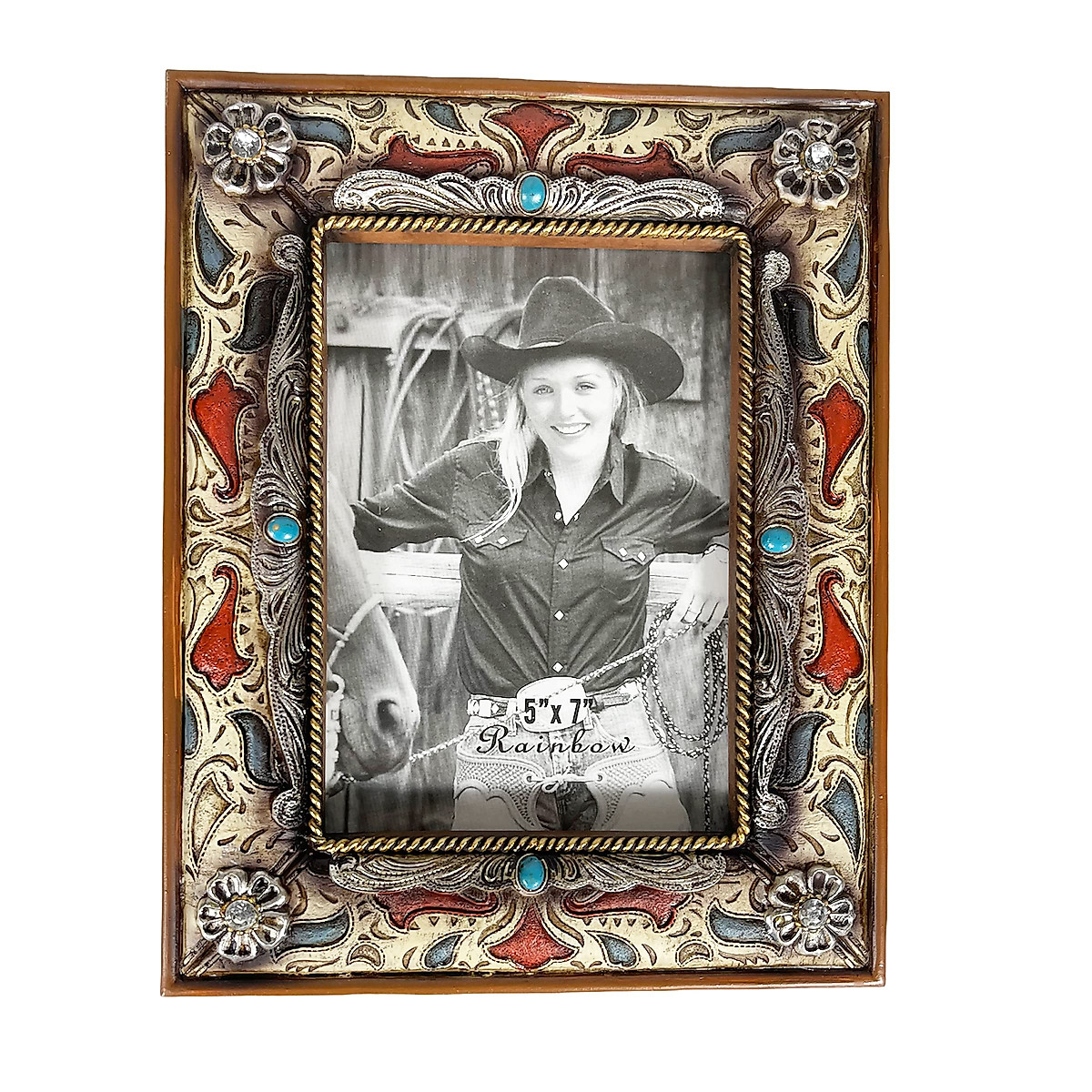 Urbalabs Cowboy Fancy Red and Gem Western Decor Picture Frame 5 x 7 Country Gifts Farmhouse Picture Frames Photo Frame Wall Hanging or Standing 5x7 Elaborate Picture Frame