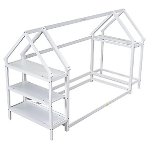 House Bed with Storage, Twin Size Montessori Floor Bed with Detachable Shelves and Hanging Rod, Wooden Floor Bed with Rails and 2 Stands for Kids Boys Girls Teens, White