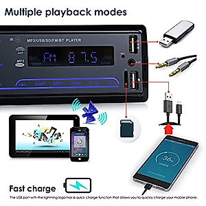 RuiFuDio Single Din Bluetooth Car Stereo FM, Radio Receiver with USB/AUX-in/SD Card Port /USB Support for Playing Music, Hands Free Calling MP3 Player with Wireless Remote Control,7 Lighting Colors
