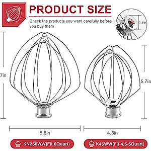 Wire Whip Attachment for KitchenAid 5-6 Quart Bowl-Lift Stand Mixers, K5AWW Wire Whisk Replacement, Egg Heavy Cream Cakes Mayonnaise Whisk, Silver