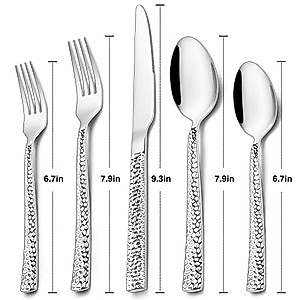 60-Piece Hammered Silverware Set, Stainless Steel Square Flatware Set for 12, Food-Grade Tableware Cutlery Set, Utensil Sets for Home Restaurant, Mirror Finish, Dishwasher Safe