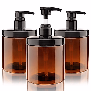 Hethyo Pump Bottle Dispenser 3 Pcs 600ml/20oz Refillable Plastic Pump Bottles Wide Mouth Jar Style BPA Free Empty Pump Bottles Bathroom Shower Containers for Lotion Shampoo Conditioner (Brown)