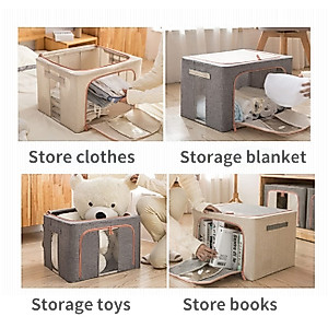 3 Pack Clothes Storage Bags - 66L Foldable Stainless steel Frame Storage Box - Stackable Linen Fabric Container Organizer Set with Carrying Handles and Clear Window With sturdy zipper ( 19.7x15.7x13inch）