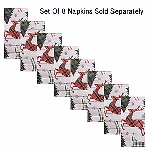 Newbridge Merry Reindeer Prance Country Rustic Christmas Fabric Tablecloth, Fun Cottage Reindeer and Xmas Tree Plaid Easy Care Holiday Tablecloth, 52” x 52” Square