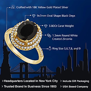 Gem Stone King 18K Yellow Gold Plated Silver Black Onyx Ring For Women (3.80 Cttw, Oval 9X7MM, Gemstone Birthstone, Available in size 5, 6, 7, 8, 9)