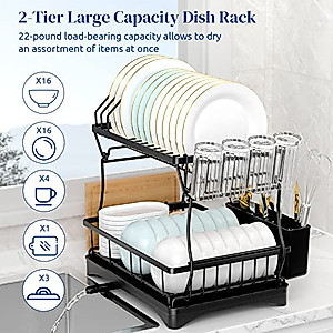 Dish Drying Rack, 2-Tier Dish Drying Rack with Drainboard Set, Black Metal Dish Rack Plate Rack for Kitchen Counter, Dish Drainer with Utensil & Cutlery Holder - Space-Saving Organizer for Countertop