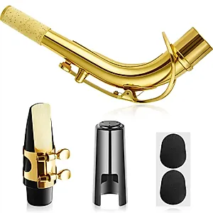 24.5 mm Alto Saxophone Sax Bend Neck Brass Material, 7 Pcs Replacement Part Includes Saxophone Mouthpiece Metal Ligature 2.5 Reeds Cushions Pads Plastic Cap