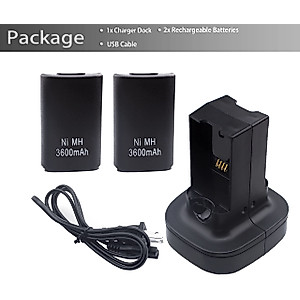 2-Pack Xbox 360 Controller Rechargeable Battery (3600mAh) with Dual Charging Dock Charger Station Stand Base, fit for Xbox 360 Wireless Controller