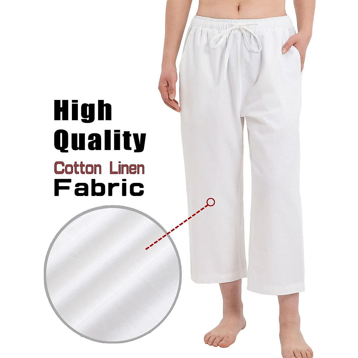 Bonnorth Women's Linen Beach Capri Pants Womens Lounge Loose Cropped Pants for Women Wide Leg Plus Size Casual Pants for Women Yoga Golf Lightweight Pants White XL